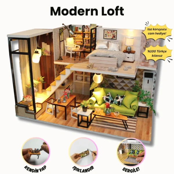 Modern Loft | Kendin Yap Minyatür Ev | Minyatür Hobi Seti | Ahşap Maket Ev | LED Işıklı 3D Puzzle